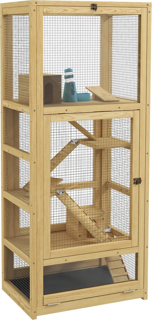 Klec pro křečka nebo myš PawHut, dřevěná pro malá zvířata, 5 úrovní s žebříkem, domeček, houpačka, odnímatelný tác, dávkovač vody, 54 x 38 x 131 cm, …
