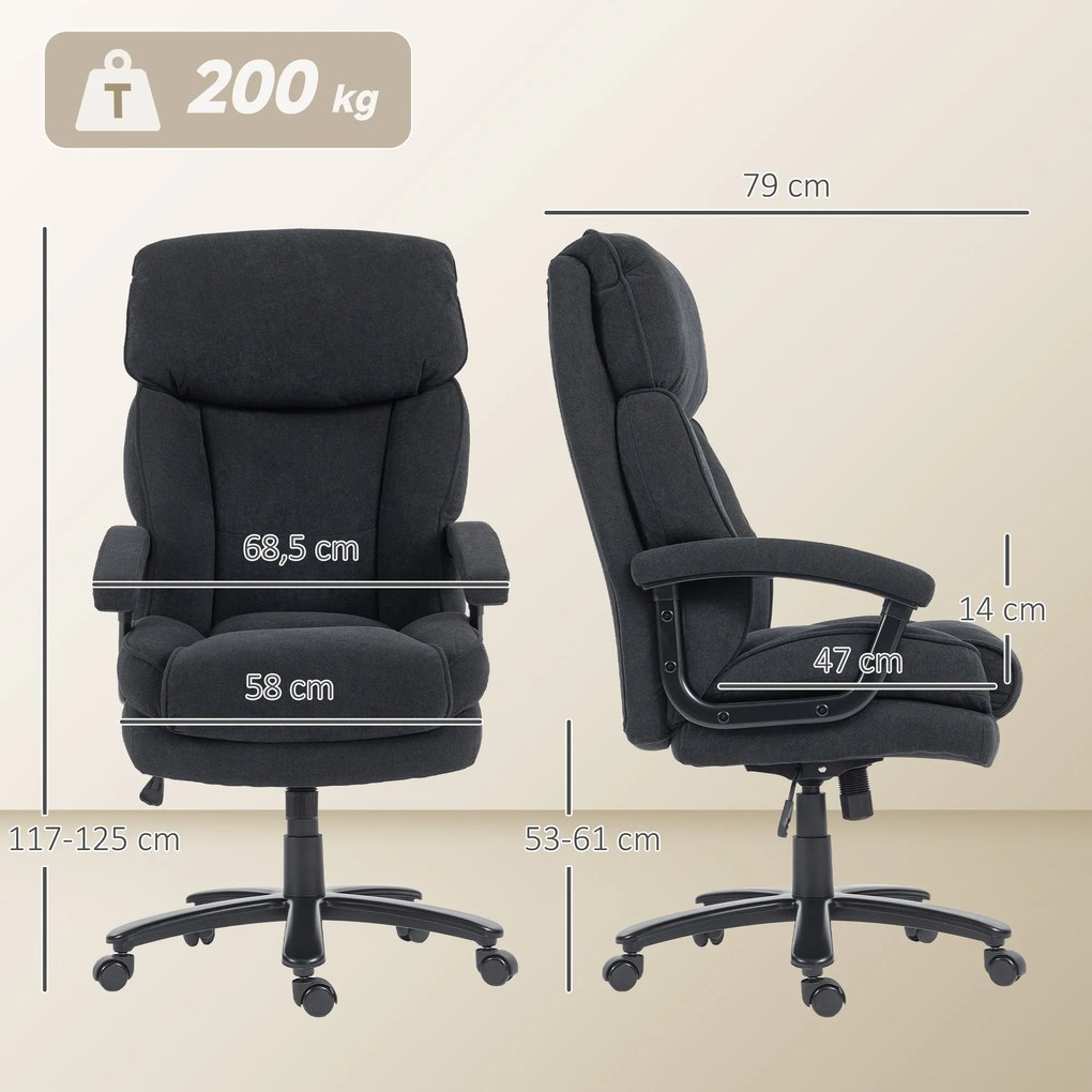 HOMCOM ergonomická kancelářská židle s vysokým opěradlem (nosnost 200 kg) – látka vzhled lnu, nastavitelná výška, houpání, široké sedadlo, černá