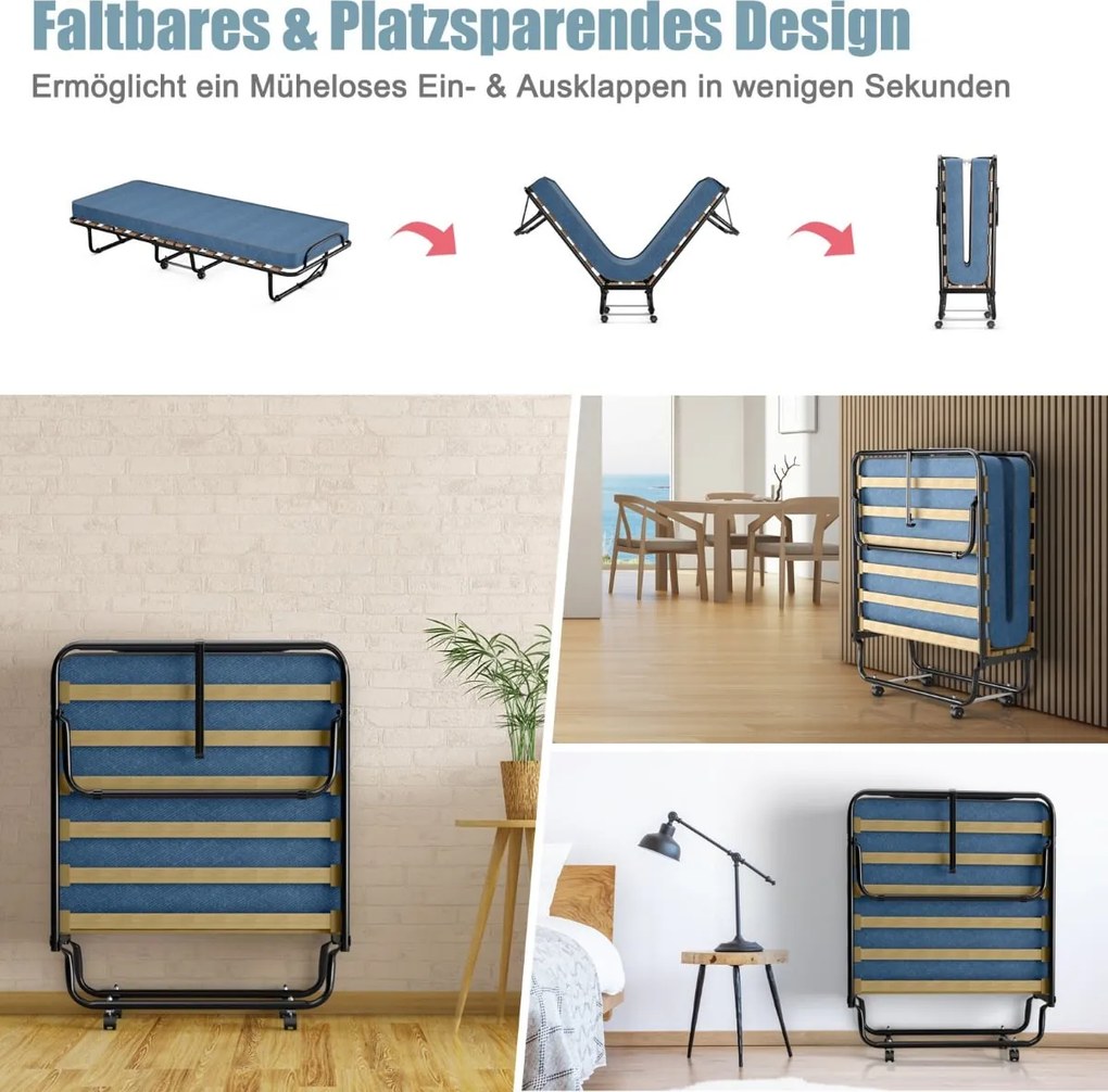 Costway Skládací postel s matrací přenosná a pro hosty modrá made in Italy