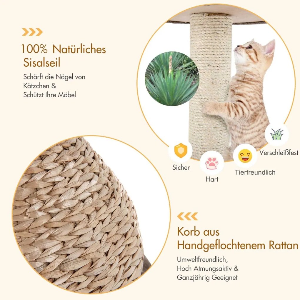 Costway Small Cat Tree s jeskyní a přírodním sisalem a ručně vyrobeným košíkem φ