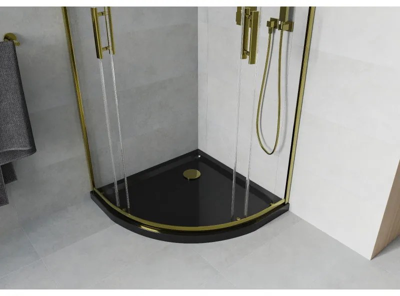 Mexen Rio, čtvrtkruhový sprchový kout s posuvnými dveřmi 80 (dveře) x 80 (dveře) x 190 cm, 5mm čiré sklo, zlatý profil + černá sprchová vanička SLIM, 863-080-080-50-00-4170G