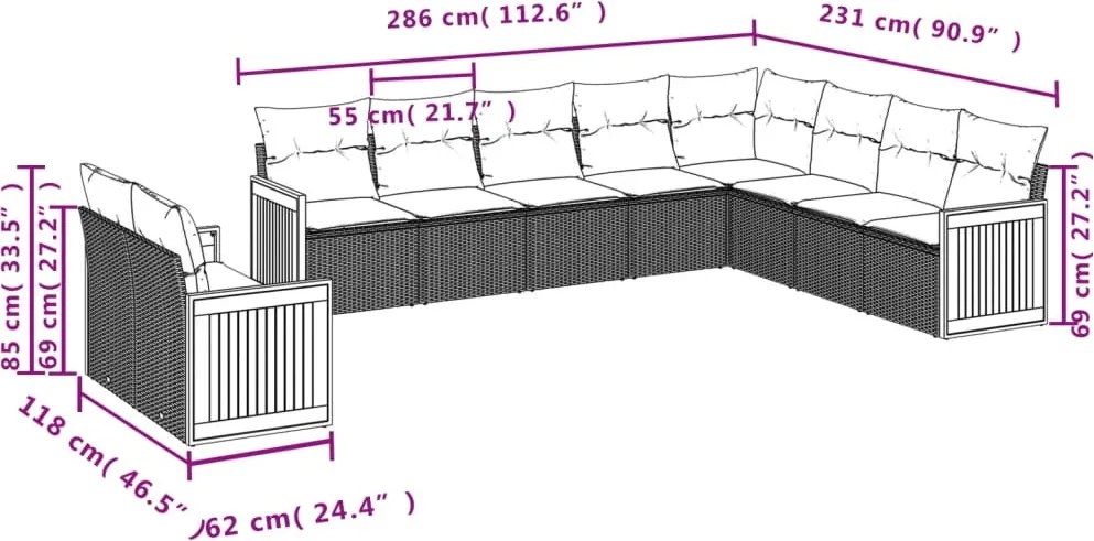 10dílná zahradní sedací souprava s poduškami béžová polyratan 3260197
