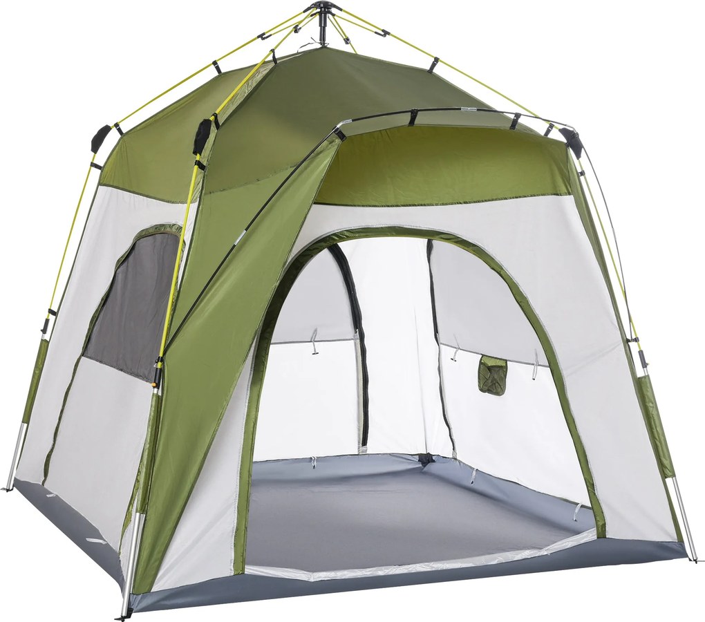 Outsunny Dvojcestný stan pro 4 osoby - Lehce, stabilní, voděodolný, UV 50+ pop-up stan pro kempování s háčkem, dveřmi, oknem, podlážkou, rodinný stan