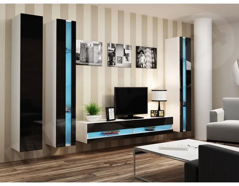 Obývací stěna Zigo New VI, Osvětlení: osvětlení LED - modré, Barva: šedá / šedá lesk