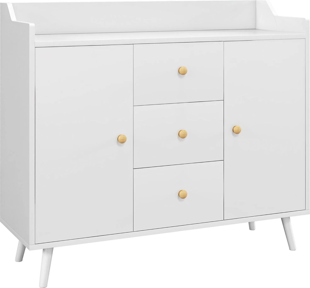HOMCOM Moderní Komoda do Obývacího Pokoje s 2 Dveřmi a 3 Zásuvkami a Nohy z Borovicového Dřeva pro Jídelnu, Chodbu, Ložnici 90x32x80 cm Bílá