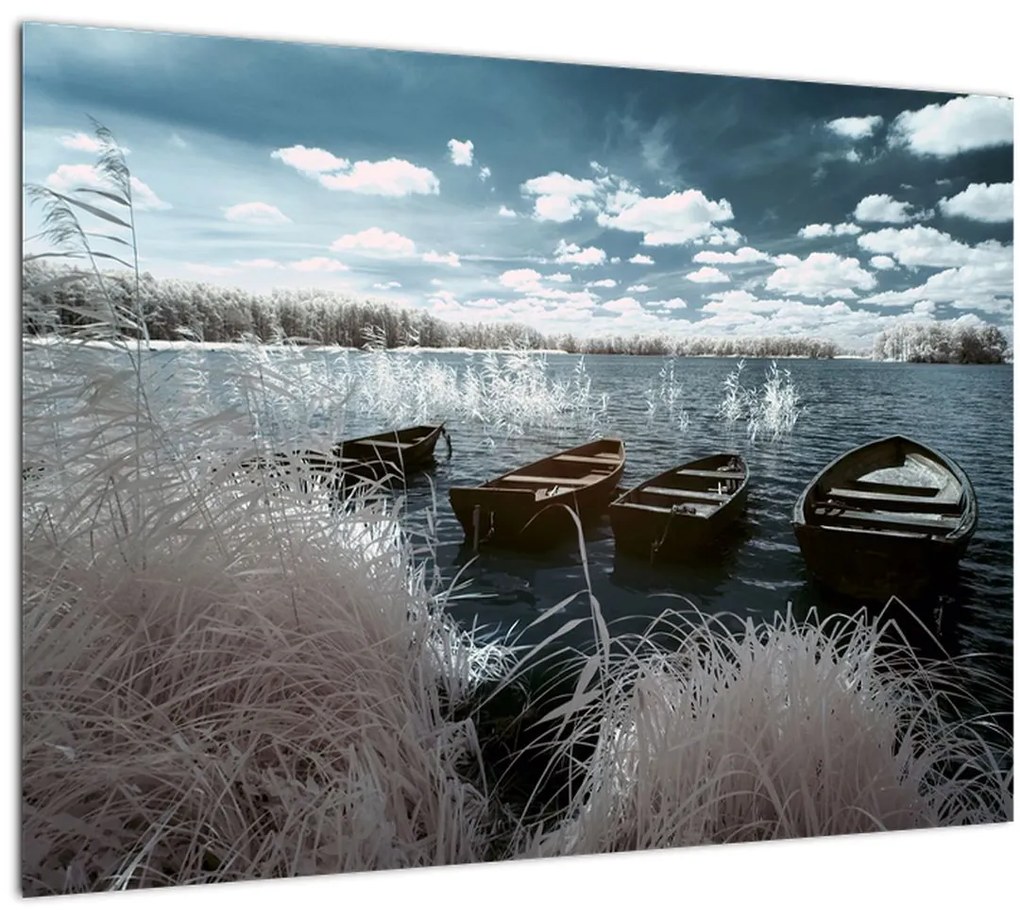 Skleněný obraz - Dřevěné loďky na jezeru (70x50 cm)