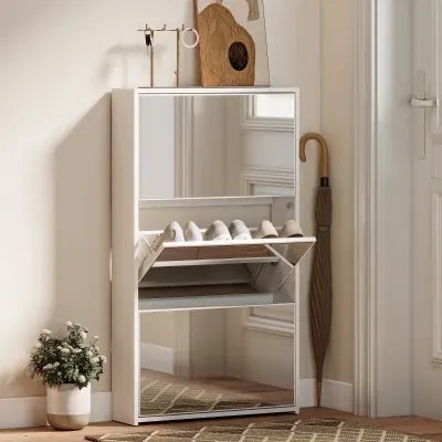 HOMCOM zrcadlová skříňka na boty se 3 sklápěcími zásuvkami pro 9 párů bot, ze dřeva, 65x17x114,5 cm, bílá
