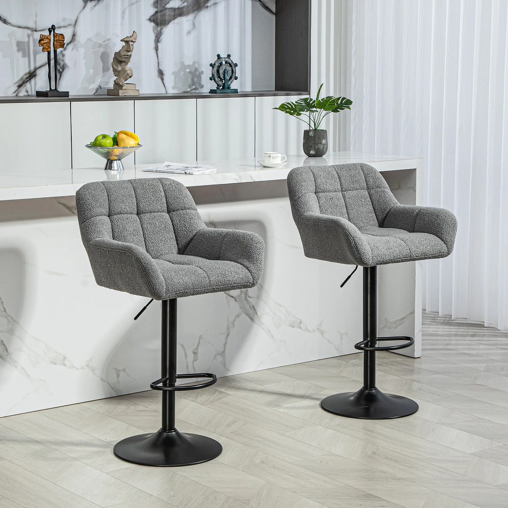 HOMCOM Barová židle Sada 2 kusů Retro design Výškově nastavitelná Fleece optika Šedá + Černá