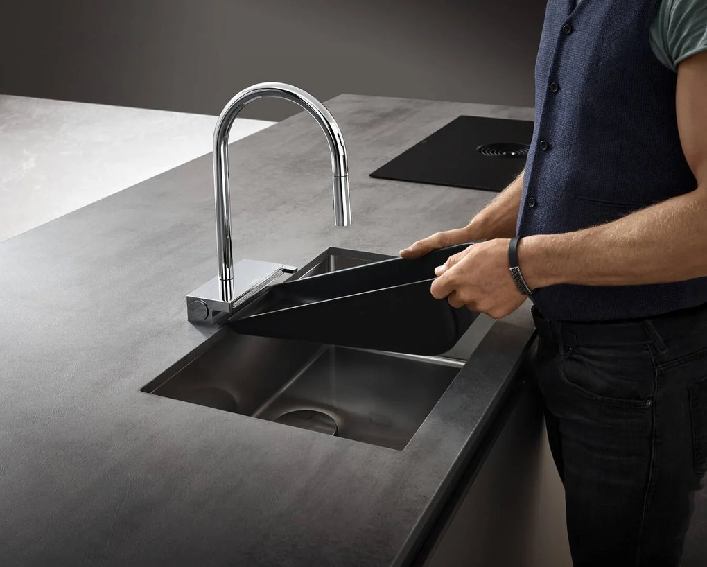 Hansgrohe M81, dřezová baterie Aquno Select s výsuvnou koncovkou a plochým sprchovým proudem, chromová, 73837000
