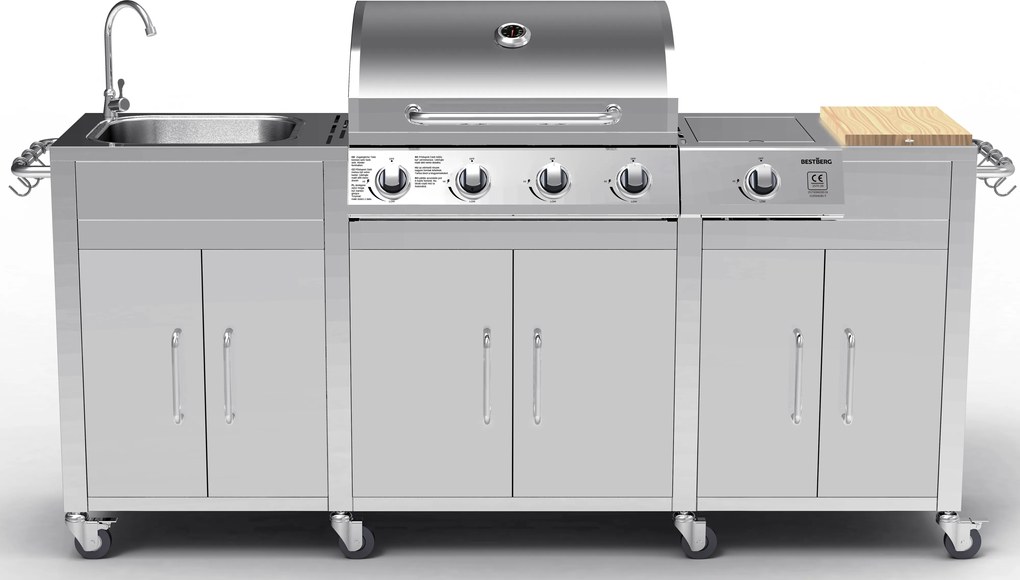 Nerezová zahradní BBQ kuchyně s umyvadlem BestBerg BBBQ-29SS / 5 hořáků / 17,2 kW / stříbrná