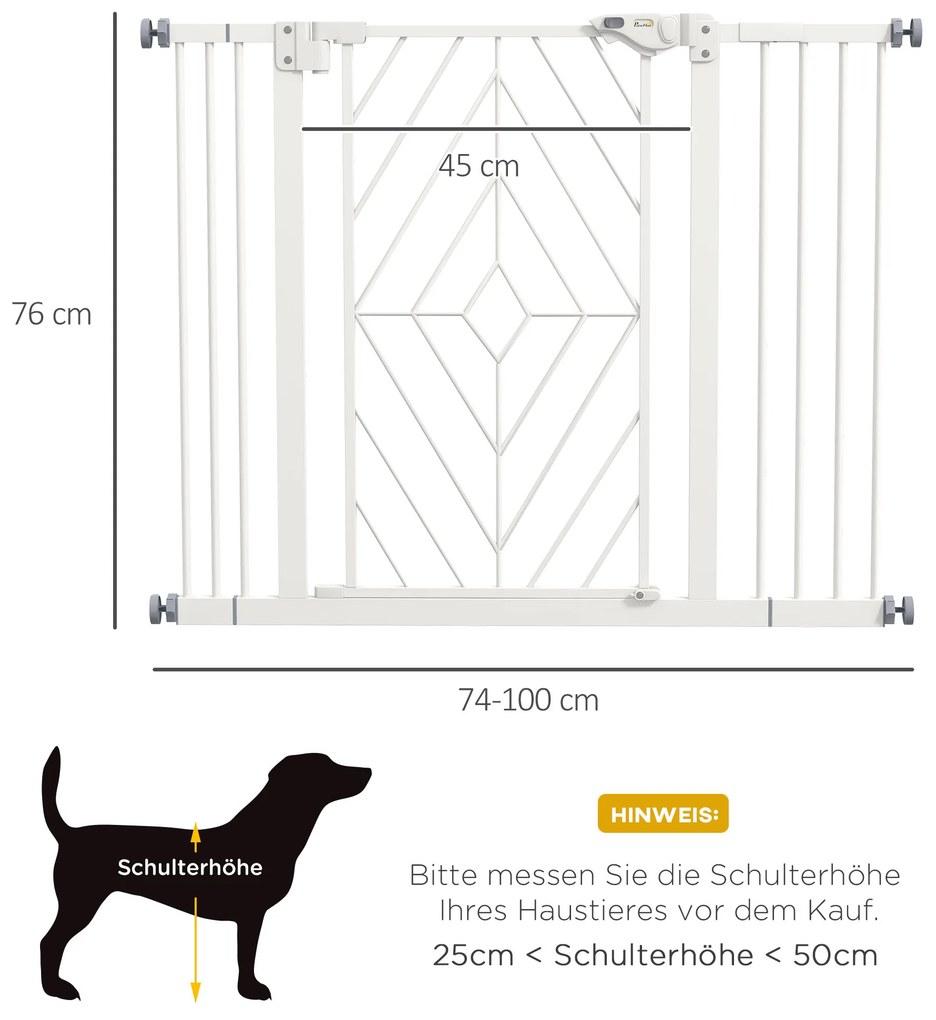 Schodišťová brána PawHut pro psy automatické dveře bez vrtání 74-100cm Bílá