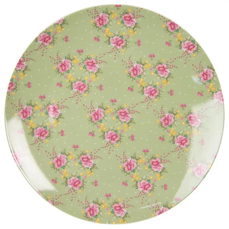 Zelený porcelánový jídelní talíř s květy Cheerful Birdie – 26x2 cm