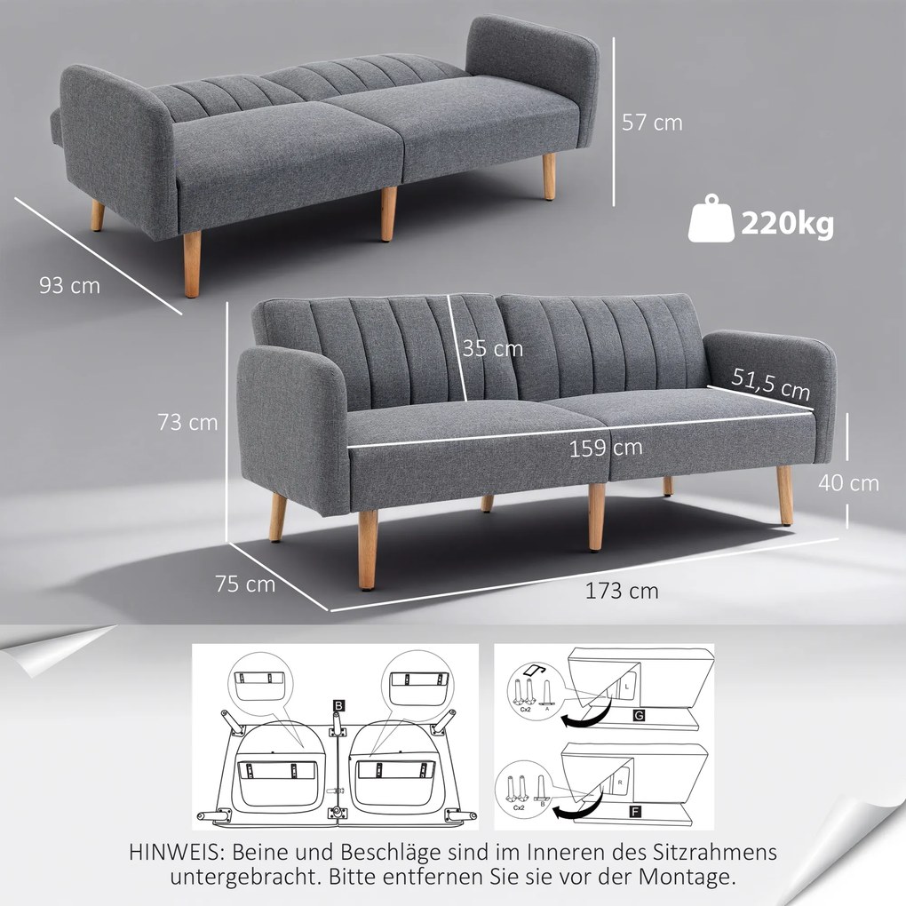 HOMCOM Rozkládací pohovka 2místná, rozkládací pohovka s funkcí spaní, polyester podobný lnu, kaučukové dřevo, šedá, 173x75x73cm