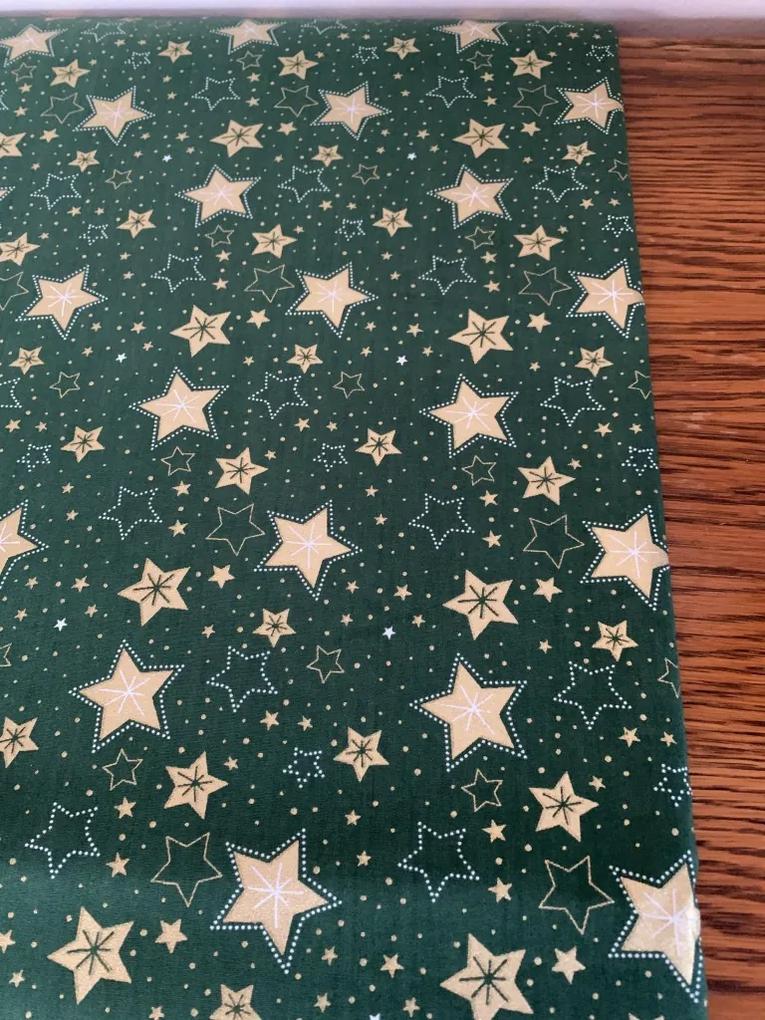 K-U ručně šitý ubrus zlaté hvězdy na zelené,  130 cm x 200 cm