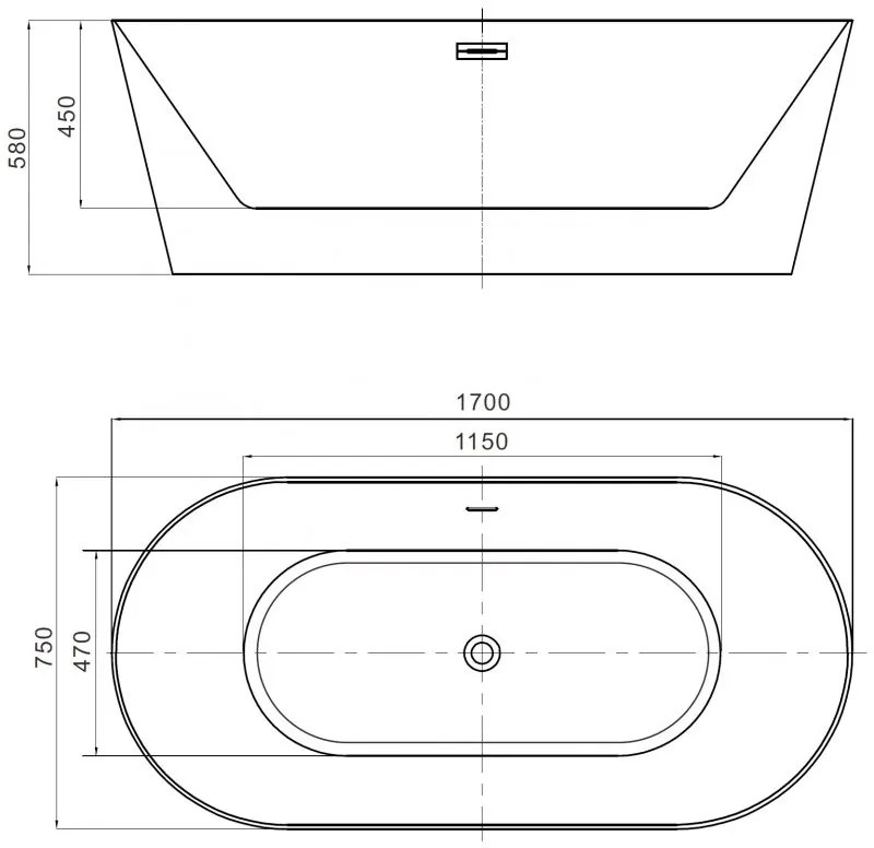 Mexen Luna, Slim volně stojící vana 170 x 75 cm, bílá, zlatý lesklý přepad, 52041707500-50