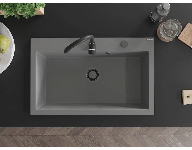 Mexen Elix, 1korový granitový dřez 800 x 500 mm, šedá, černý sifon, 6527801005-71-B