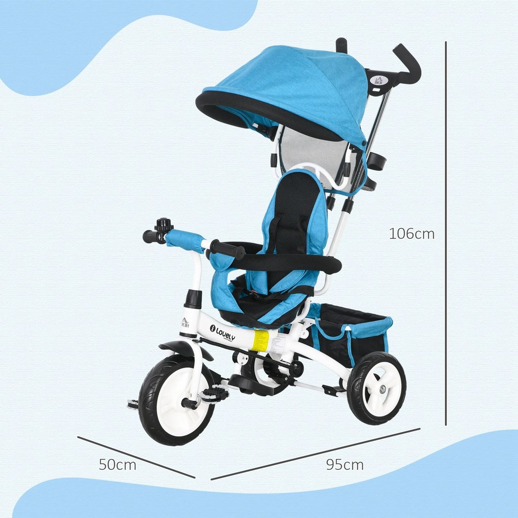 HOMCOM 6v1 Tříkolka s Plochým Řídítkem, Dětská Tříkolka s Odnímatelnou Slunečníků, Balance Bike s 5-bodovým Bezpečnostním Pásem, Košíkem, Držákem na …