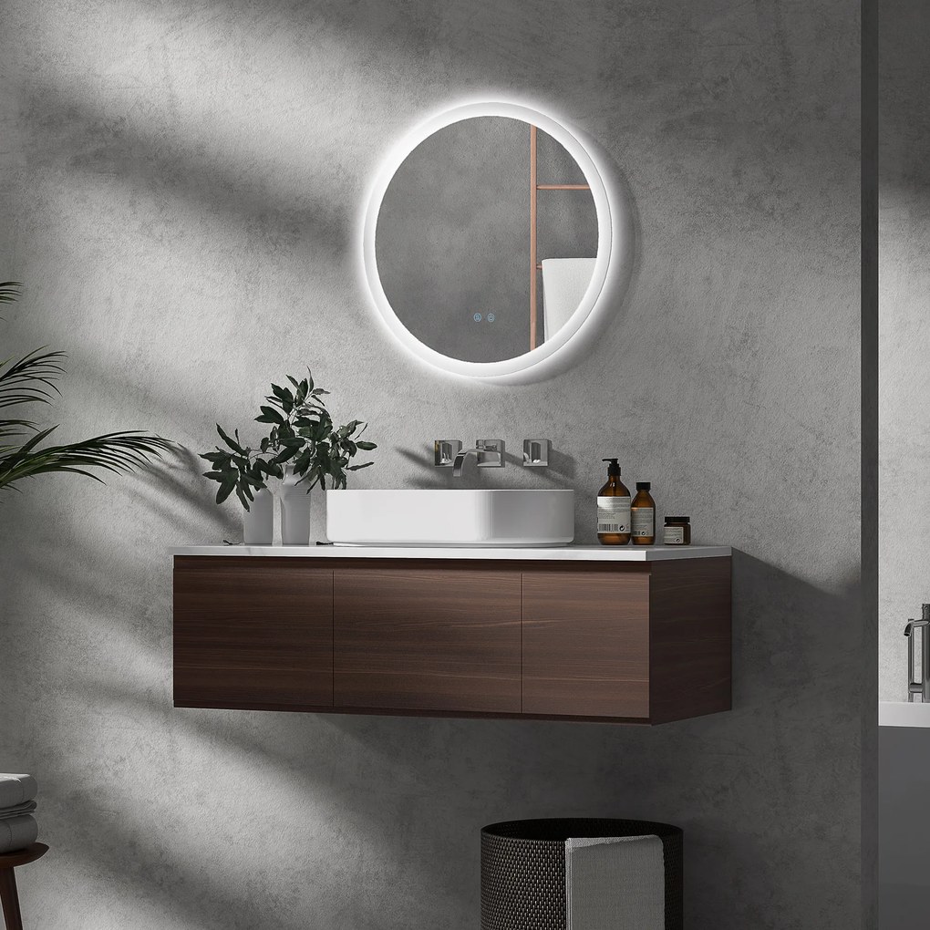 kleankin LED koupelnové zrcadlo, nastavitelná jasnost, odmlžování, dotyk, IP44, kov/sklo, Ø60 cm, bílá/stříbrná