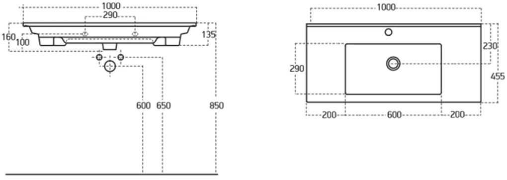 Aqualine, ZUNO 100 nábytkové umyvadlo 100x45 cm, 9100