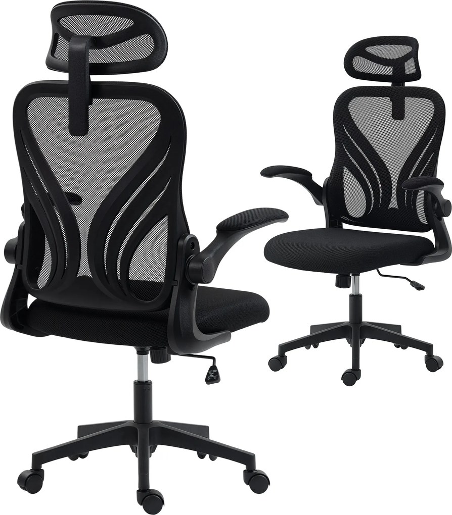 HOMCOM ergonomická kancelářská židle se síťovinou, skládací opěradlo, 2D nastavitelná opěrka hlavy, vyklápěcí područky, bederní podpora, houpání a 360