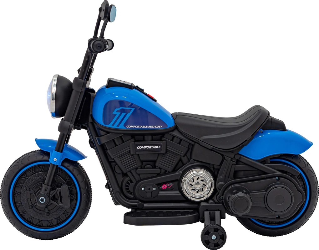 Ramiz Elektrická motorka Chopper FASTER na baterie pro děti modrá + FM rádio + audio panel + LED