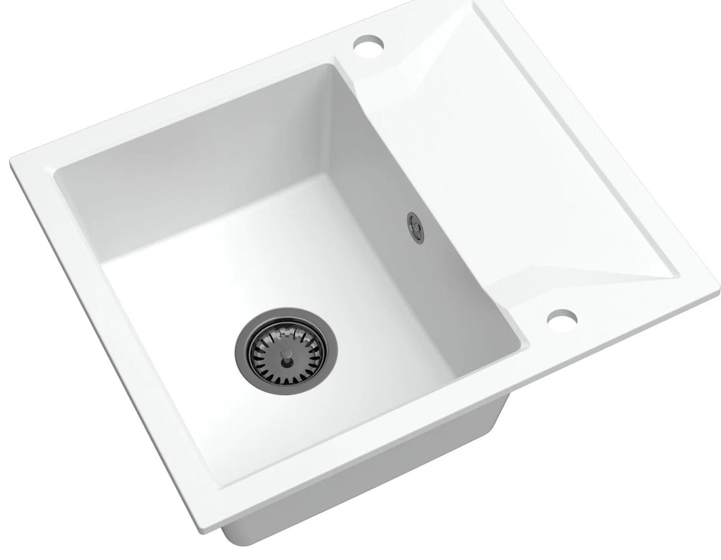 Sink Quality Obsidian, kuchyňský granitový dřez 590x500x210 mm + černý sifon, bílá, SKQ-OBS.W.1KKO.XB