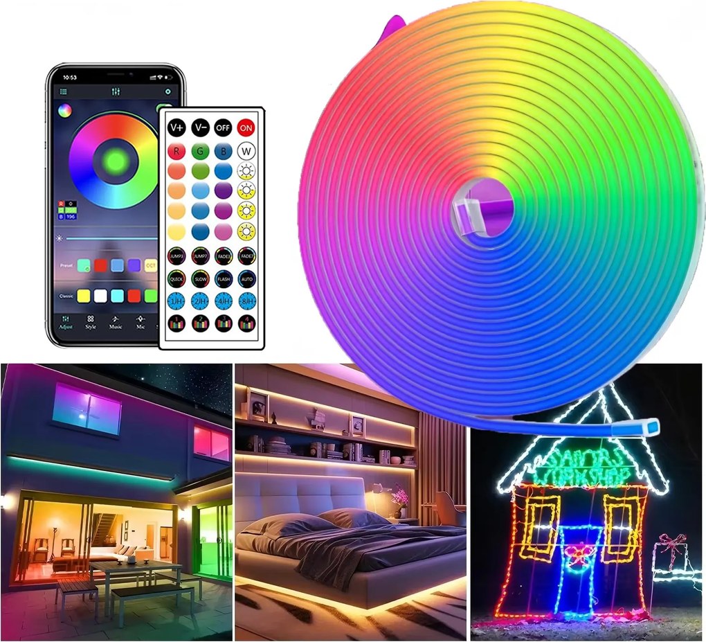 Led Pásek Neon 10M Aplikace Bluetooth Rgb Dálkový Ovladač IP65 24V Voděodolný