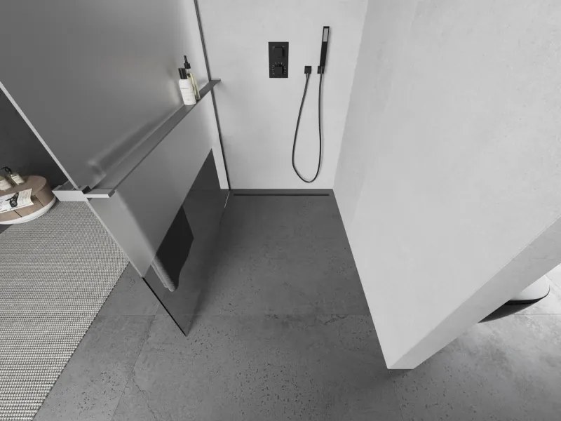 Mexen Kioto+, sprchová zástěna Walk-In s poličkou a věšákem 110 x 200 cm, 8mm čiré sklo-námraza, grafitový profil, 800-110-121-95-35