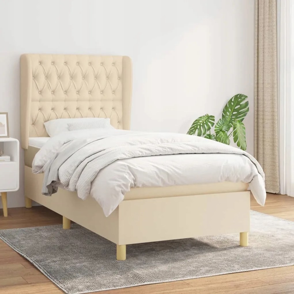 Box Spring Postel S Matrací Textil Krémová Prošívaný design 90 x 200 cm