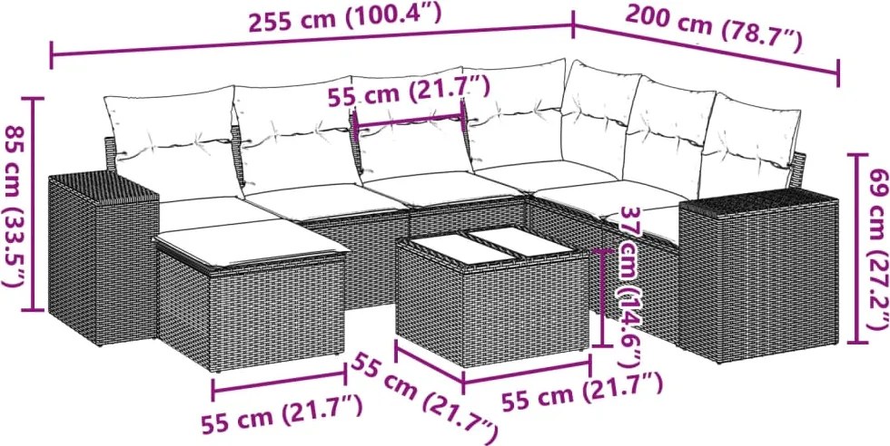 8dílná zahradní sedací souprava s poduškami šedá polyratan 3255247