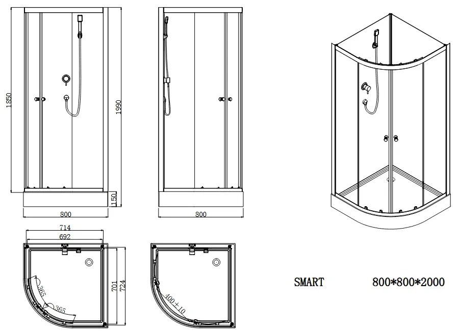 Savana Veduta Smart čtvrtkruhový sprchový box, black Rozměr koutu: 80x80cm