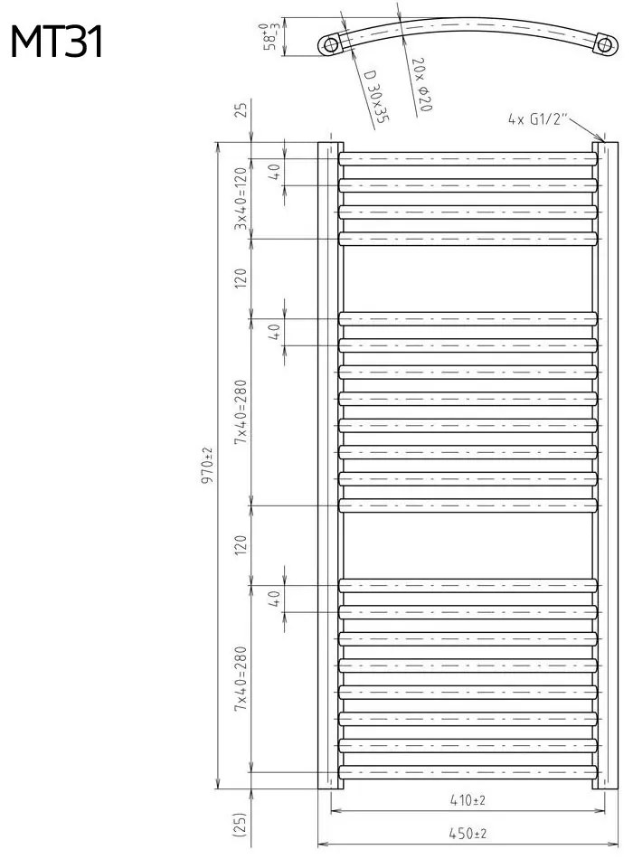 Mereo otopný žebřík oblý 450x970 mm ocel bílý MT31