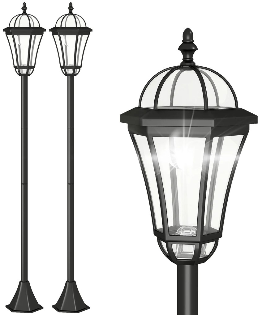 Outsunny 2-st solární pouliční světlo LED, IP44, ABS, Ø18,5 x H129 cm, úsporný režim, vodotěsné, zahradní světlo s nerezovou ocelí, černé | Aosom