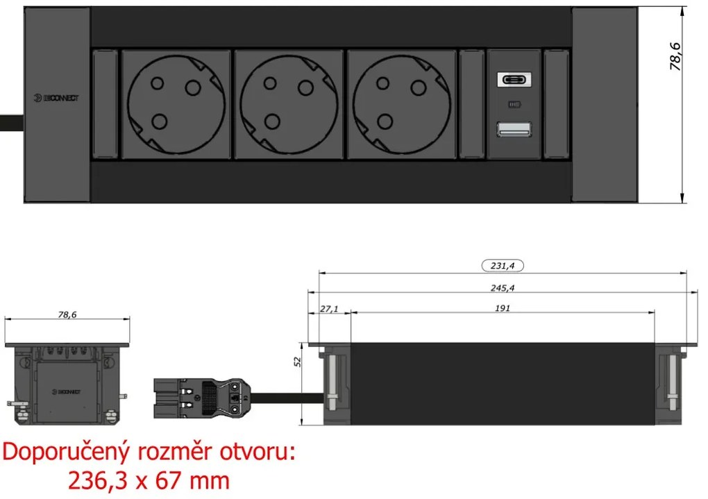 IBConnect Vestavná zásuvka INTRO bílá - různé konfigurace Konfigurace elektrozásuvky: 3x230 + USB nab. C (60W) + 2x Modul