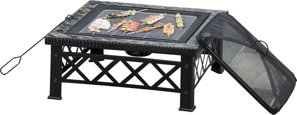 Outsunny 3v1 Ohniště s Ochrannou Mřížkou a Grilem, Senečkový Koš, Sněhový Velký Kbelík - Černá 76cm x 76cm x 47cm | Aosom