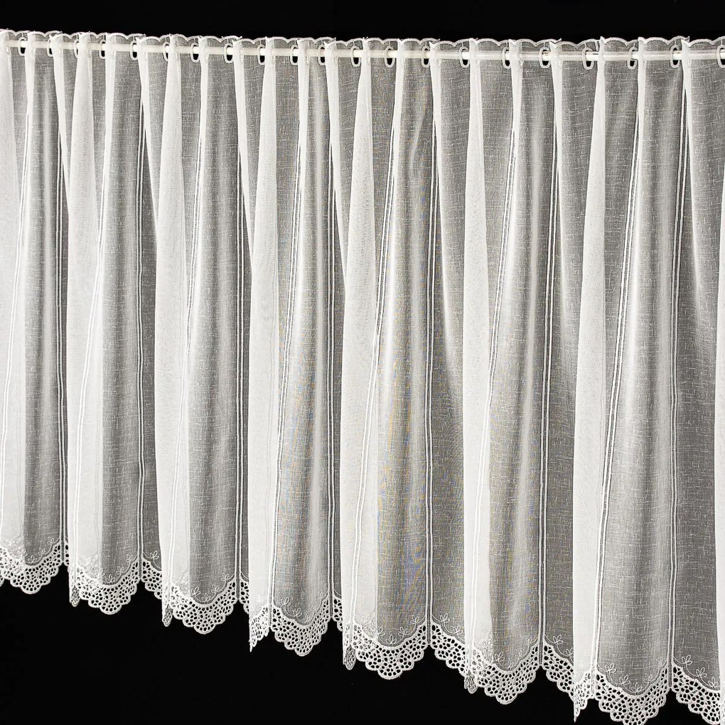 Českomoravská textilní vitrážová záclona, polyesterový batist V507 lístky s bordurou, vyšívaná, bílá výška 80m (v metráži)