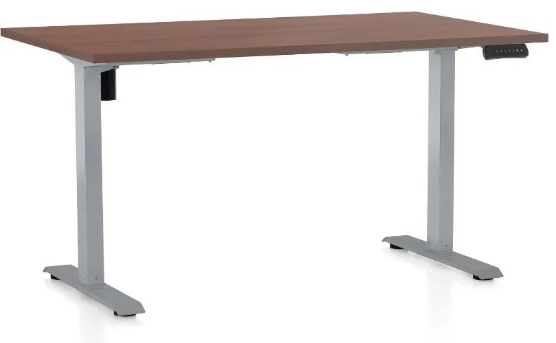 Výškově nastavitelný stůl OfficeTech B, 140 x 80 cm, šedá podnož, ořech