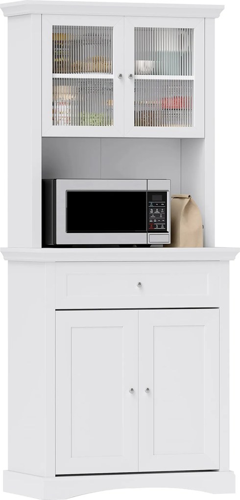 HOMCOM Moderní Kuchyňská Komora s 1 Zásuvkou, 2 Skleněnými Dveřmi a Nastavitelnými Policemi, Nosnost 50 kg pro Jídelnu a Obývací Pokoj 79x40x180 cm Bí
