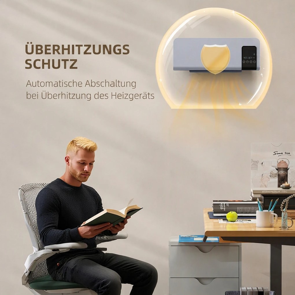 HOMCOM Elektrické topení, nástěnná montáž, oscilační funkce, 2 režimy, časovač, LED displej, šedá
