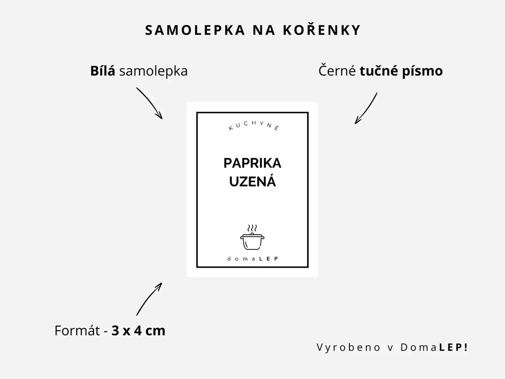 PAPRIKA UZENÁ - Samolepka na kořenky 3 x 4 cm - DomaLEP varianta: BÍLÁ - základní písmo