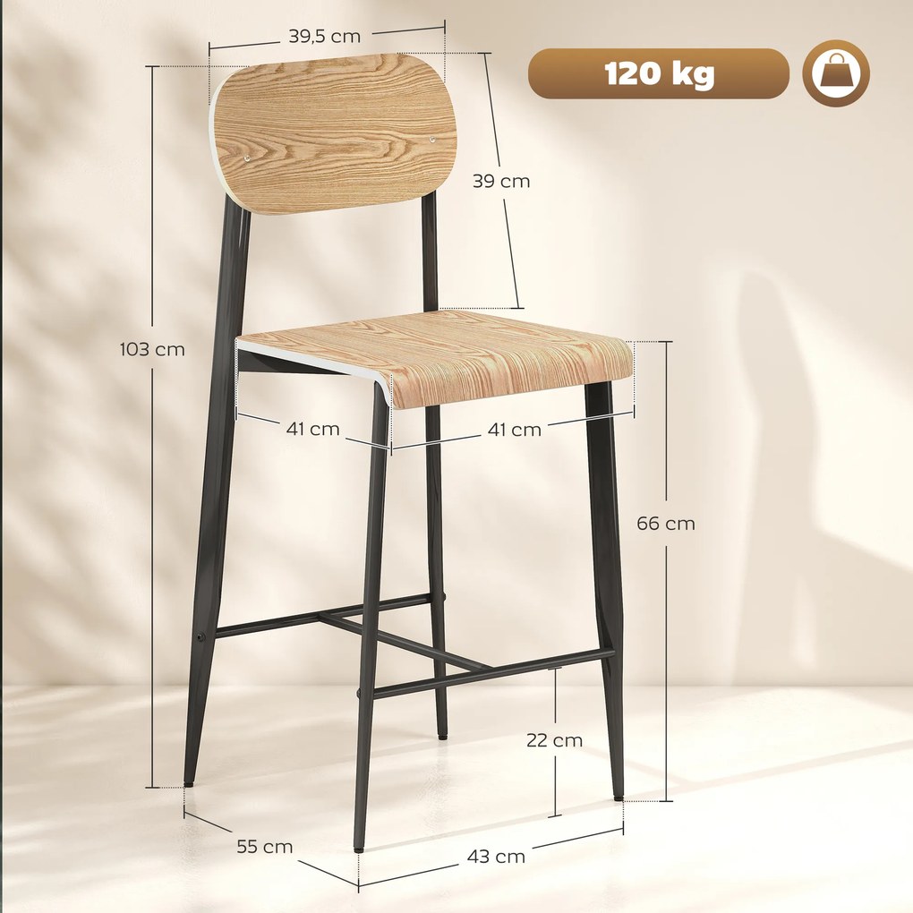 HOMCOM Sada 2 Barových Židlí, Barová Židle s Opěrným Nohama, Kovový Rám, Kuchyňská Židle s Výškou Sedáku 66 cm, Snadná Montáž, Průmyslový Design Přír…