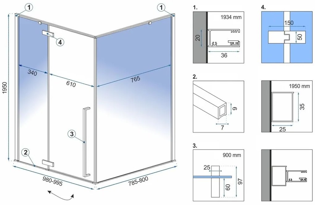 Sprchový kout REA FARGO 80/zástěna x 100/dveře cm, černý matný/transparent - bez vaničky