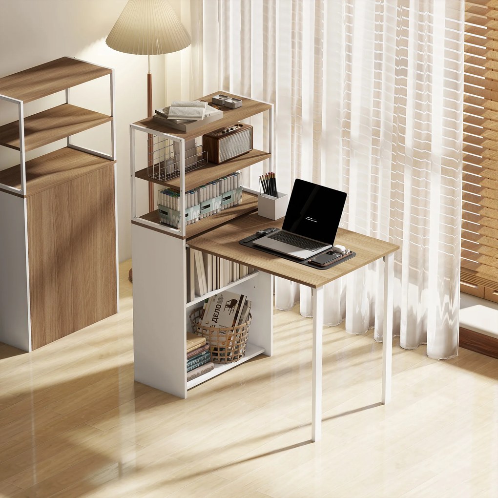 HOMCOM Skládací psací stůl, kuchyňský stůl se 4 policemi, počítačový stůl, pracovní stůl, stůl pro notebook 105 x 60 x 127 cm, přírodní dřevo