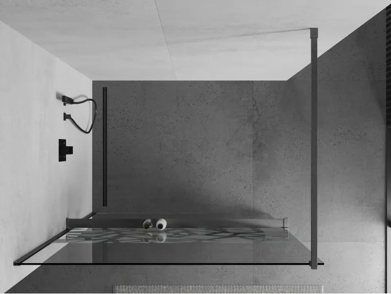 Mexen Kioto+, sprchová zástěna Walk-In s poličkou a věšákem 100 x 200 cm, 8mm čiré sklo bílý vzor, ​​grafitový profil, 800-100-121-66-85