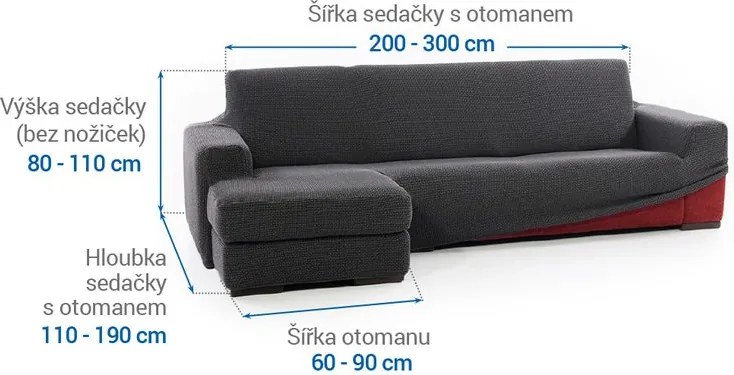 Super strečové potahy NIAGARA antracitová sedačka s otomanem vlevo (š. 200 - 300 cm)