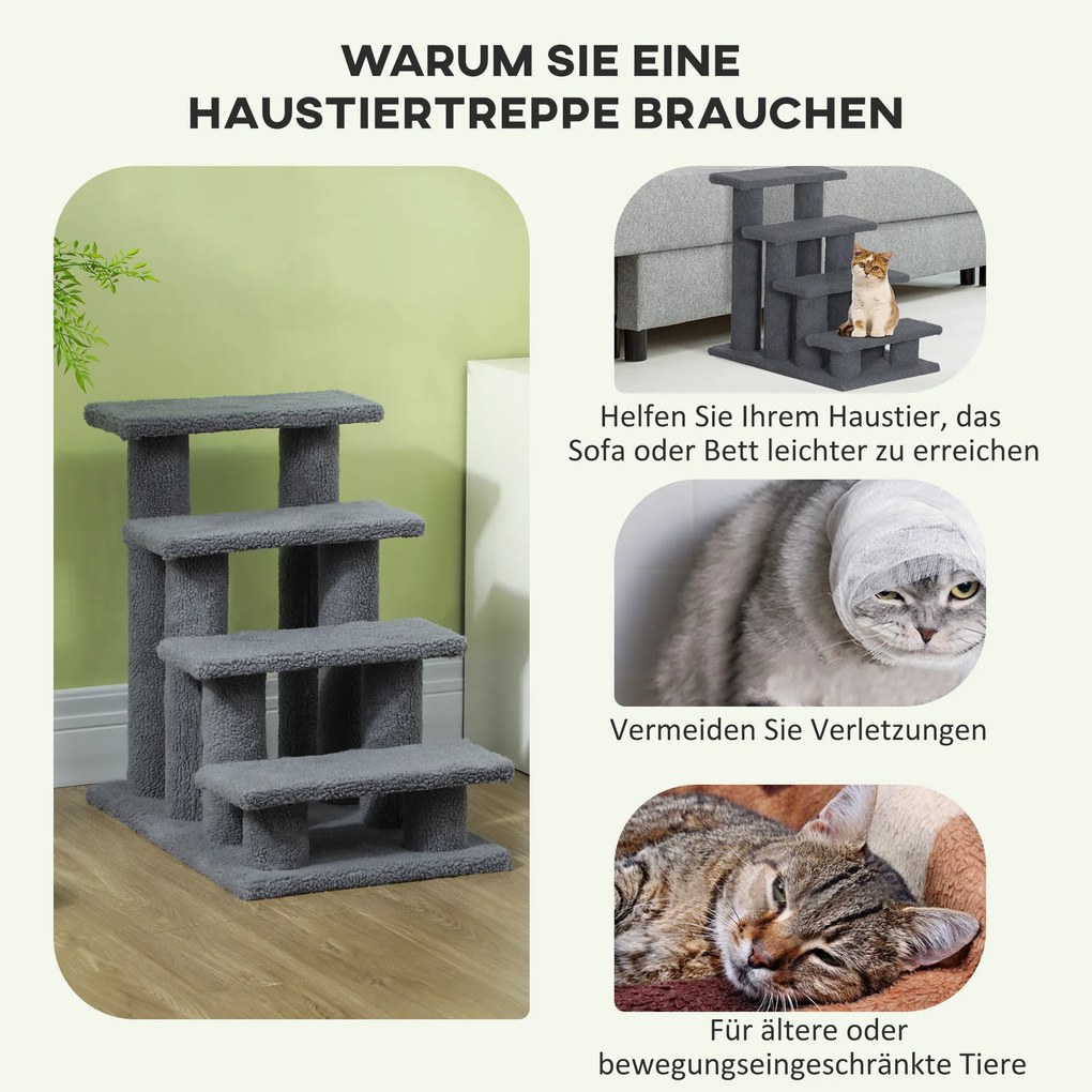 PawHut schodiště pro zvířata schodiště pro kočky schodiště pro psy 4 stupně šedé 63,5x43x60cm pro kočky a psy, ideální pro seniory a malá zvířata
