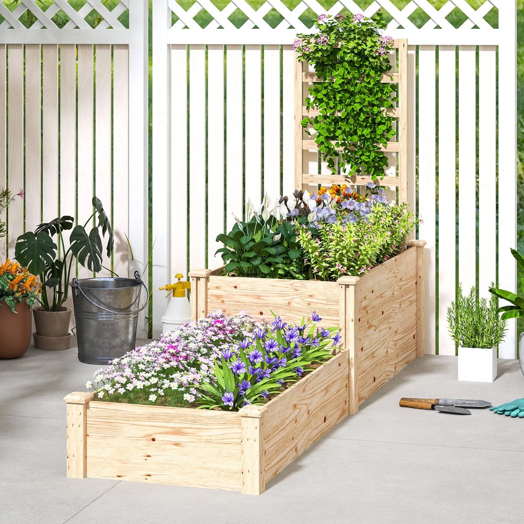 Outsunny Velký venkovní dřevěný květináč s mřížkou pro popínavé rostliny a 2 květinové boxy pro zahradu, terasu 222x63x132 cm Přírodní dřevo