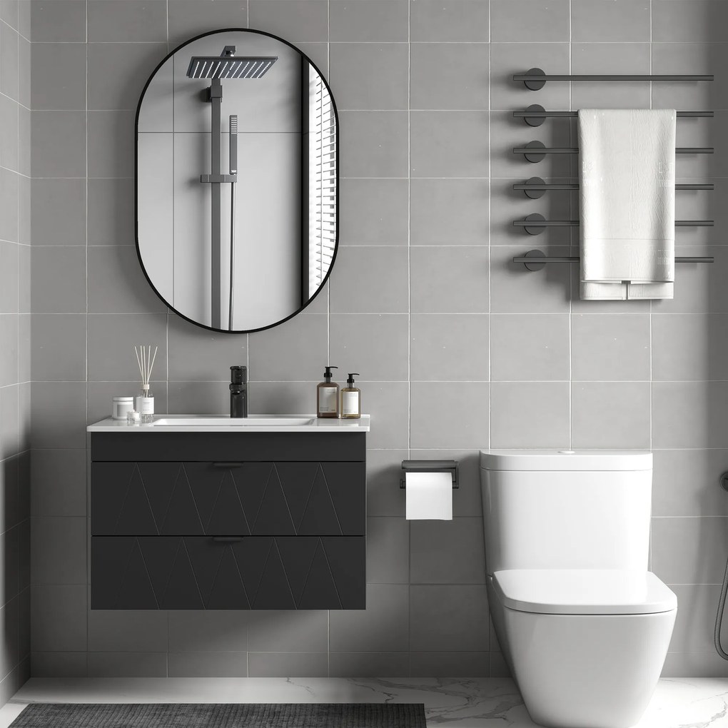 HOMCOM Skříňka pod umyvadlo závěsná skříňka s keramickým umyvadlem zásuvky se soft-close černá