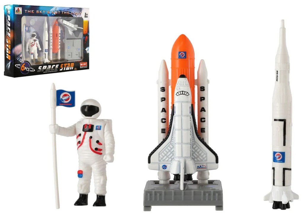 Sada vesmír 6ks kov/plast astronaut, raketoplán s doplňky v krabičce 25x17x4,5cm