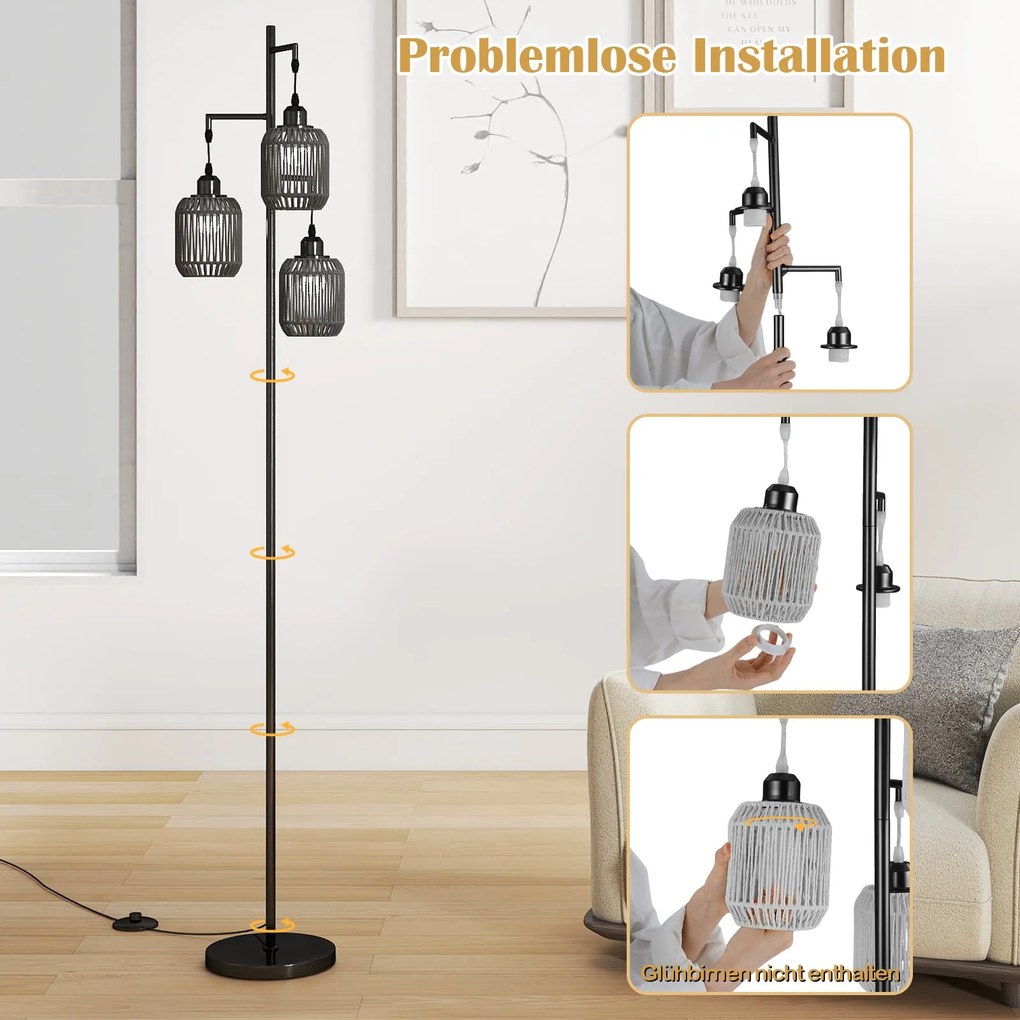 Costway Stojací lampa 173 cm lampa na čtení s 3 E27 zásuvkami a nožním – černý